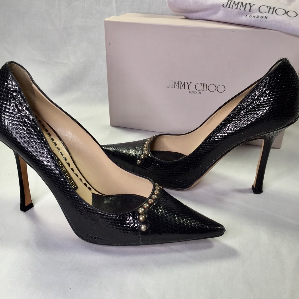 Jimmy Choo Studded Snakeskin 4" Heels - Gem